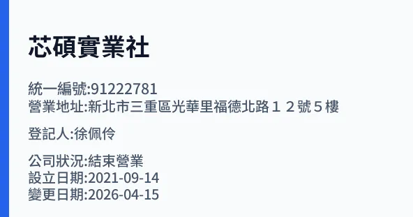 芯碩實業社的照片-統編 91222781(新北市) 公司登記資料與營業項目詳細圖表