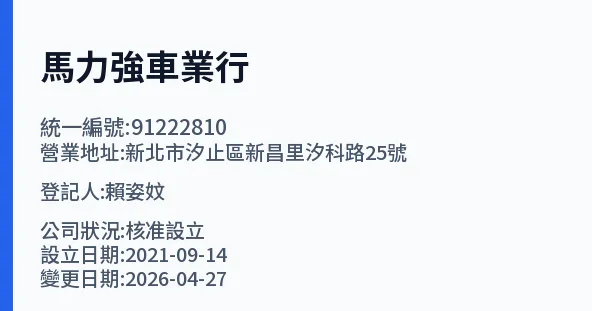馬力強車業行的照片-統編 91222810(新北市) 公司登記資料與營業項目詳細圖表
