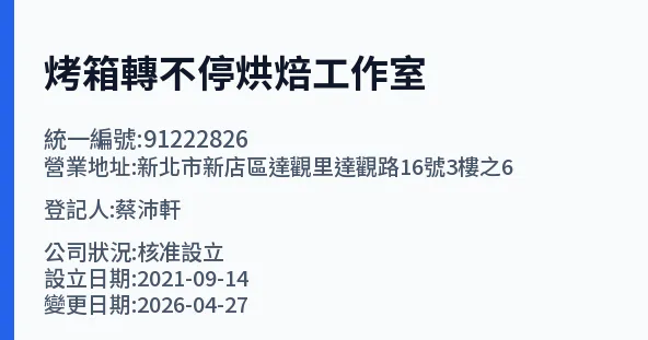 烤箱轉不停烘焙工作室的照片-統編 91222826(新北市) 公司登記資料與營業項目詳細圖表