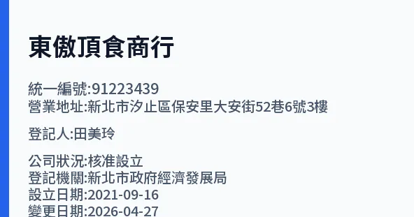 東傲頂食商行的照片-統編 91223439(新北市) 公司登記資料與營業項目詳細圖表