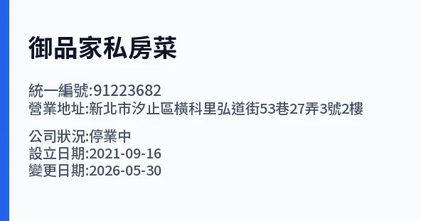 御品家私房菜的照片-統編 91223682(新北市) 公司登記資料與營業項目詳細圖表