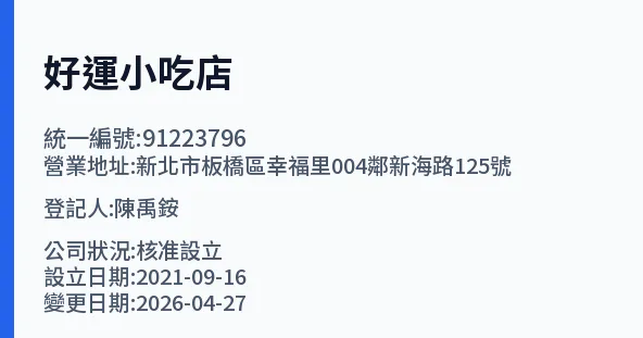 好運小吃店的照片-統編 91223796(新北市) 公司登記資料與營業項目詳細圖表