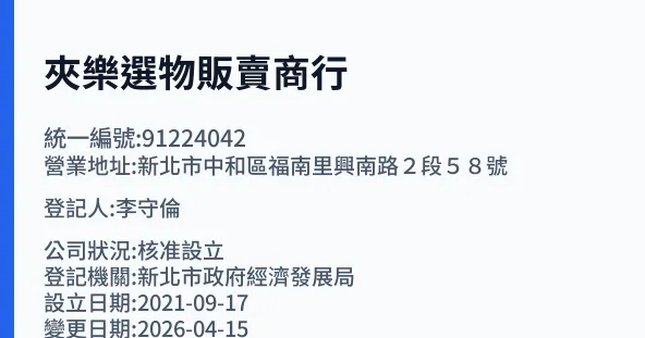 夾樂選物販賣商行的照片-統編 91224042(新北市) 公司登記資料與營業項目詳細圖表