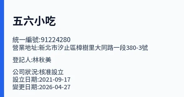 五六小吃的照片-統編 91224280(新北市) 公司登記資料與營業項目詳細圖表