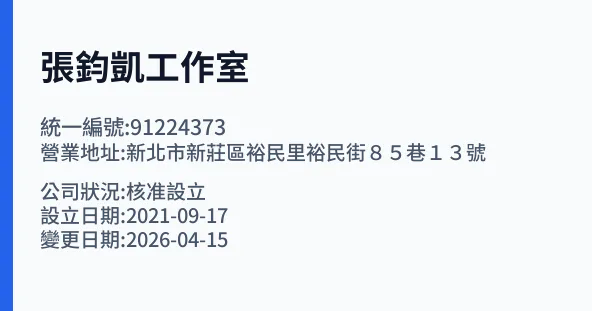 張鈞凱工作室的照片-統編 91224373(新北市) 公司登記資料與營業項目詳細圖表