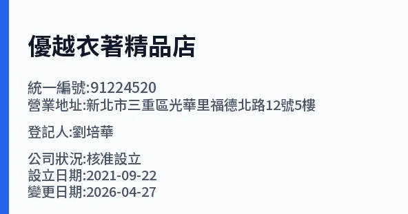 優越衣著精品店的照片-統編 91224520(新北市) 公司登記資料與營業項目詳細圖表