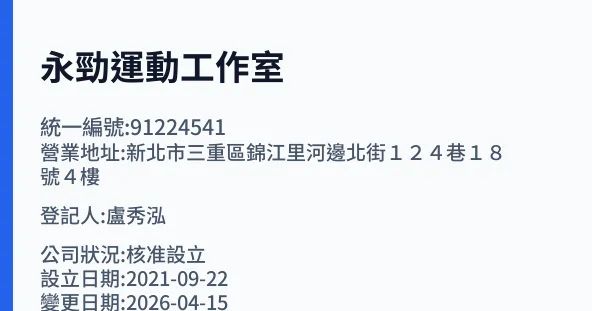 永勁運動工作室的照片-統編 91224541(新北市) 公司登記資料與營業項目詳細圖表