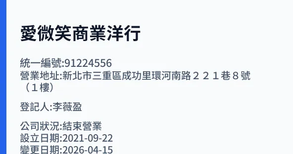愛微笑商業洋行的照片-統編 91224556(新北市) 公司登記資料與營業項目詳細圖表