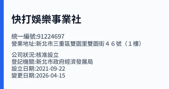 快打娛樂事業社的照片-統編 91224697(新北市) 公司登記資料與營業項目詳細圖表
