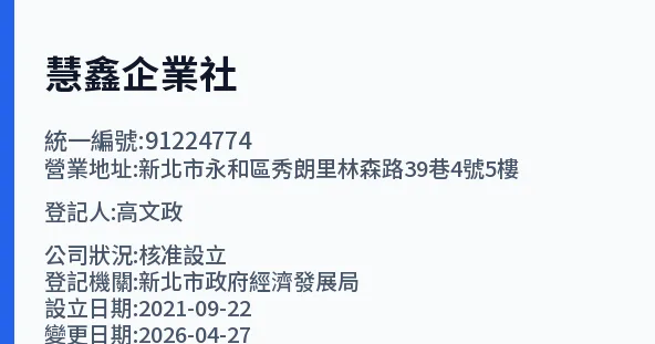 慧鑫企業社的照片-統編 91224774(新北市) 公司登記資料與營業項目詳細圖表