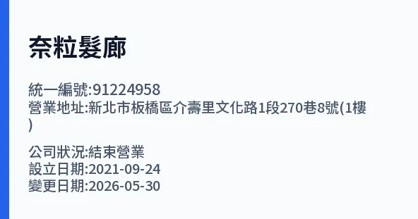 奈粒髮廊的照片-統編 91224958(新北市) 公司登記資料與營業項目詳細圖表