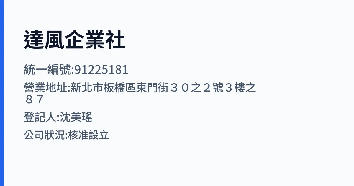 達風企業社 - 統編 91225181(新北市) 公司登記資料與營業項目詳細圖表