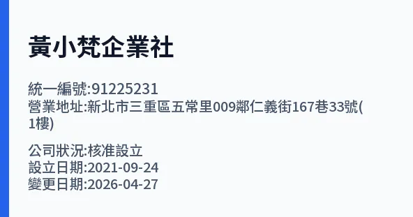 黃小梵企業社的照片-統編 91225231(新北市) 公司登記資料與營業項目詳細圖表