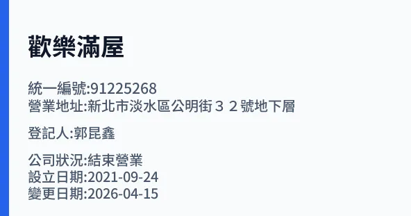歡樂滿屋的照片-統編 91225268(新北市) 公司登記資料與營業項目詳細圖表