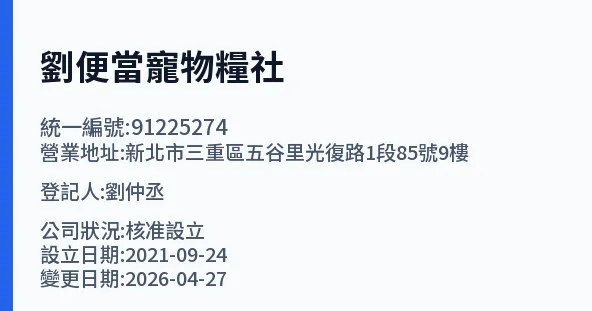 劉便當寵物糧社的照片-統編 91225274(新北市) 公司登記資料與營業項目詳細圖表