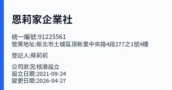 恩莉家企業社的照片-統編 91225561(新北市) 公司登記資料與營業項目詳細圖表