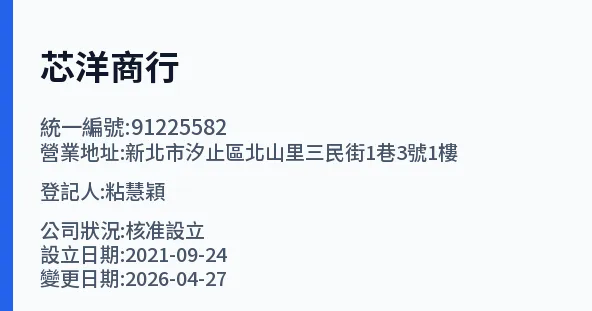 芯洋商行的照片-統編 91225582(新北市) 公司登記資料與營業項目詳細圖表