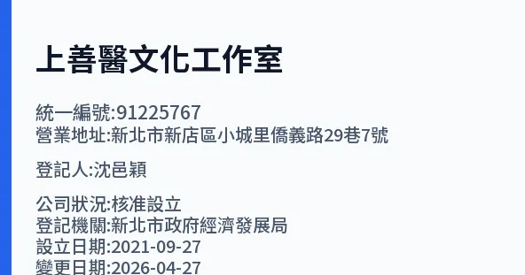 上善醫文化工作室的照片-統編 91225767(新北市) 公司登記資料與營業項目詳細圖表