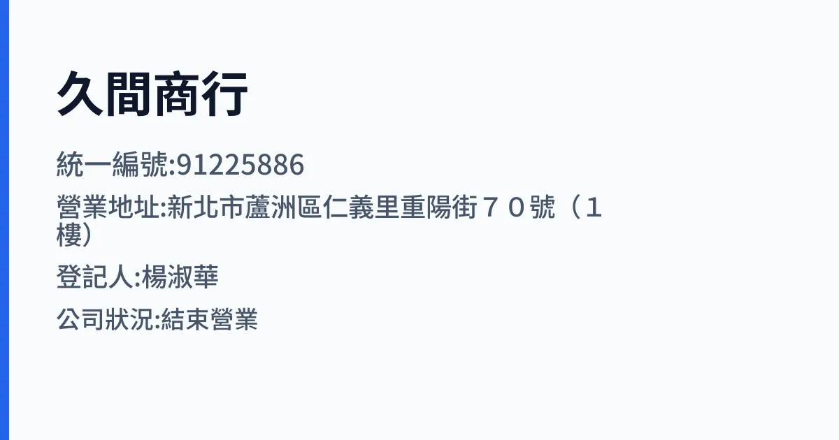 久間商行 - 統編 91225886(新北市) 公司登記資料與營業項目詳細圖表