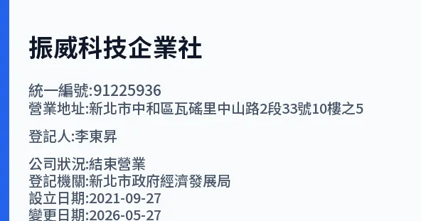 振威科技企業社的照片-統編 91225936(新北市) 公司登記資料與營業項目詳細圖表