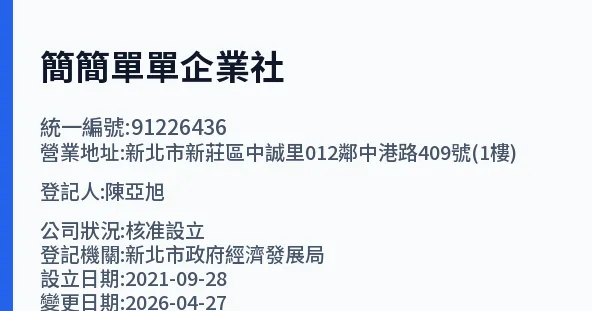 簡簡單單企業社的照片-統編 91226436(新北市) 公司登記資料與營業項目詳細圖表