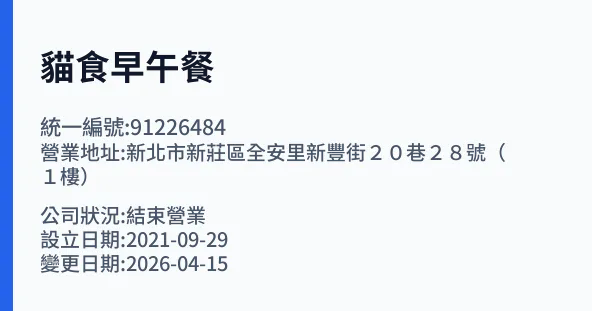 貓食早午餐的照片-統編 91226484(新北市) 公司登記資料與營業項目詳細圖表