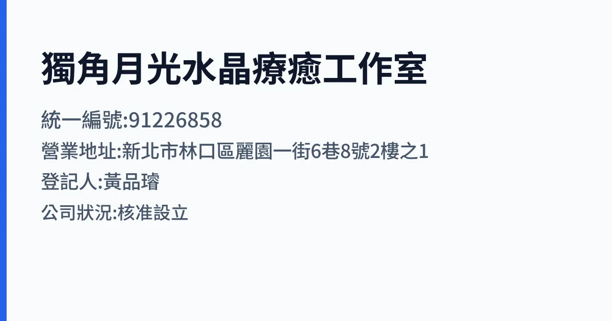 獨角月光水晶療癒工作室 - 統編 91226858(新北市) 公司登記資料與營業項目詳細圖表