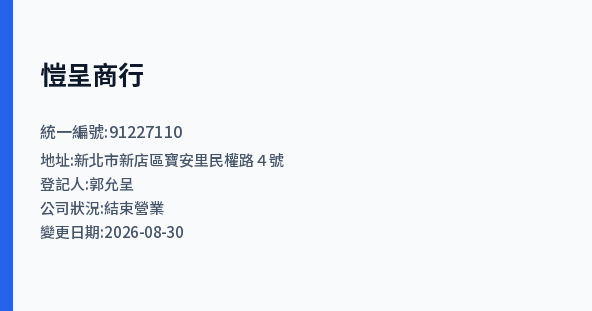 愷呈商行的照片-統編 91227110(新北市) 公司登記資料與營業項目詳細圖表