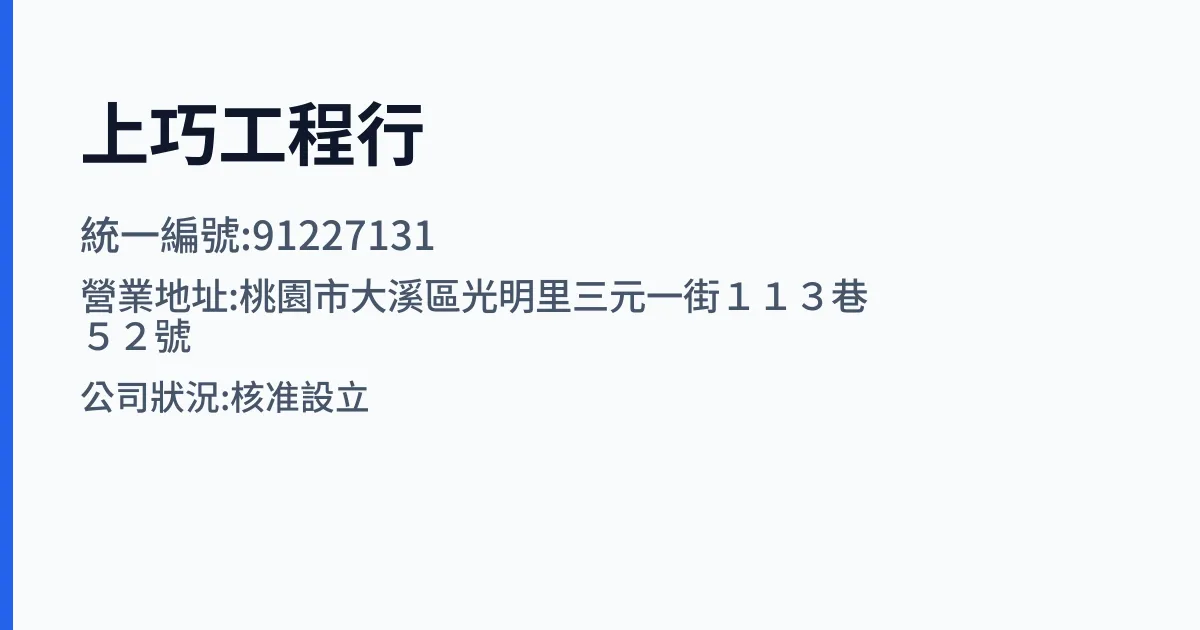 上巧工程行 - 統編 91227131(桃園市) 公司登記資料與營業項目詳細圖表