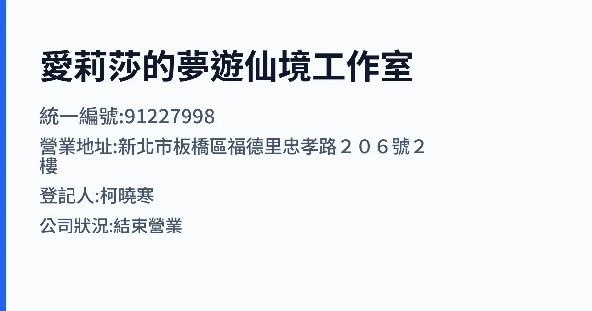 愛莉莎的夢遊仙境工作室 - 統編 91227998(新北市) 公司登記資料與營業項目詳細圖表