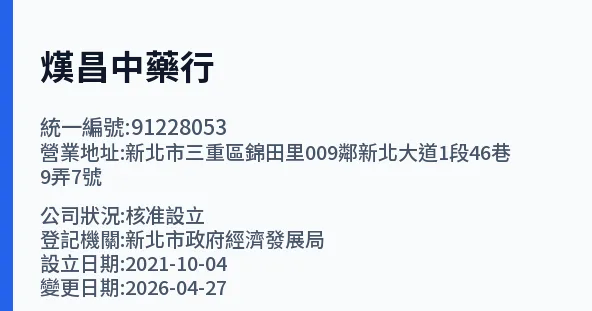 熯昌中藥行的照片-統編 91228053(新北市) 公司登記資料與營業項目詳細圖表