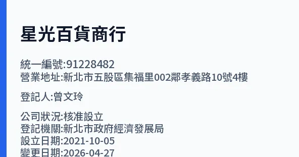 星光百貨商行的照片-統編 91228482(新北市) 公司登記資料與營業項目詳細圖表