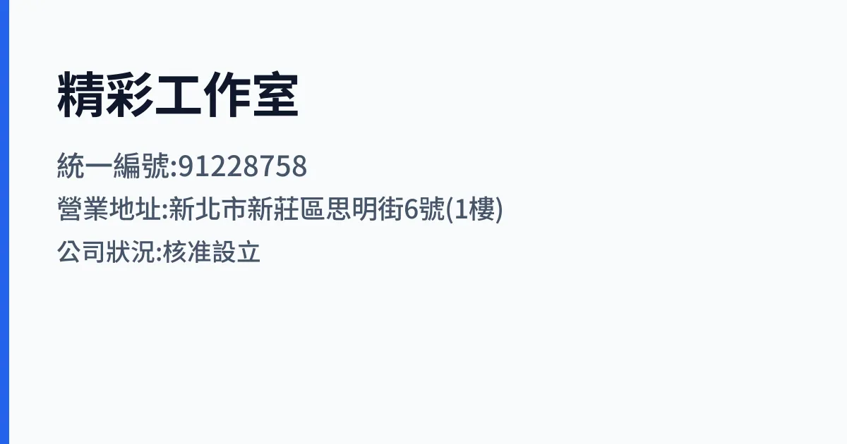 精彩工作室 - 統編 91228758(新北市) 公司登記資料與營業項目詳細圖表