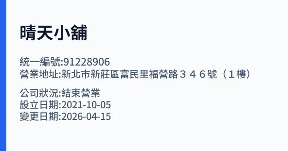 晴天小舖的照片-統編 91228906(新北市) 公司登記資料與營業項目詳細圖表