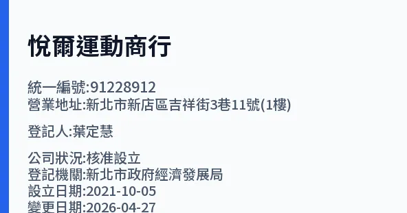 悅爾運動商行的照片-統編 91228912(新北市) 公司登記資料與營業項目詳細圖表