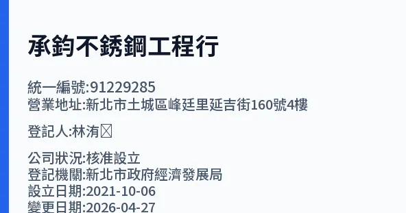 承鈞不銹鋼工程行的照片-統編 91229285(新北市) 公司登記資料與營業項目詳細圖表