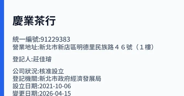 慶業茶行的照片-統編 91229383(新北市) 公司登記資料與營業項目詳細圖表