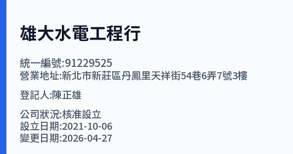 雄大水電工程行的照片-統編 91229525(新北市) 公司登記資料與營業項目詳細圖表