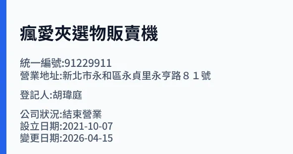 瘋愛夾選物販賣機的照片-統編 91229911(新北市) 公司登記資料與營業項目詳細圖表