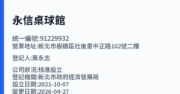 永信桌球館的照片-統編 91229932(新北市) 公司登記資料與營業項目詳細圖表