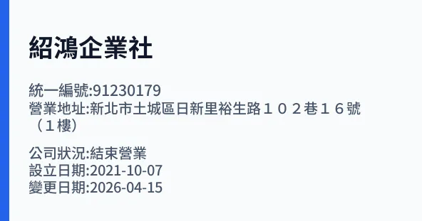 紹鴻企業社的照片-統編 91230179(新北市) 公司登記資料與營業項目詳細圖表