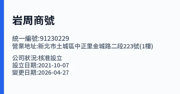 岩周商號的照片-統編 91230229(新北市) 公司登記資料與營業項目詳細圖表