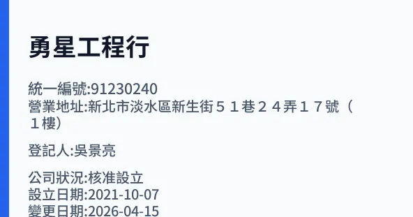 勇星工程行的照片-統編 91230240(新北市) 公司登記資料與營業項目詳細圖表