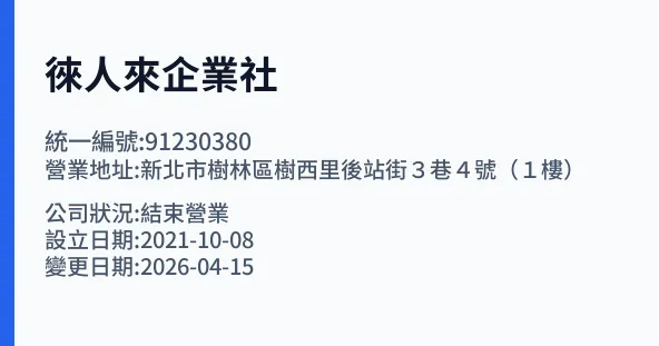 徠人來企業社的照片-統編 91230380(新北市) 公司登記資料與營業項目詳細圖表