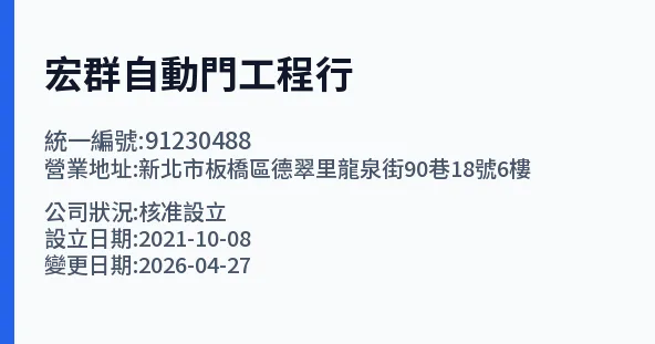 宏群自動門工程行的照片-統編 91230488(新北市) 公司登記資料與營業項目詳細圖表