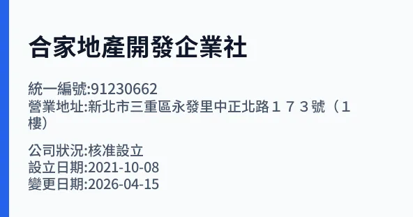 合家地產開發企業社的照片-統編 91230662(新北市) 公司登記資料與營業項目詳細圖表