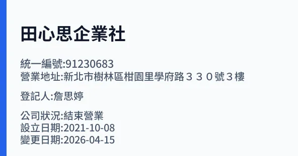 田心思企業社的照片-統編 91230683(新北市) 公司登記資料與營業項目詳細圖表