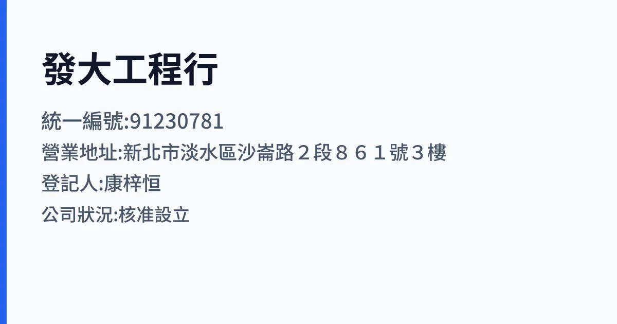發大工程行 - 統編 91230781(新北市) 公司登記資料與營業項目詳細圖表