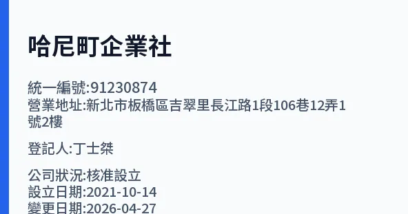 哈尼町企業社的照片-統編 91230874(新北市) 公司登記資料與營業項目詳細圖表