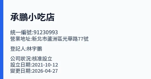 承鵬小吃店的照片-統編 91230993(新北市) 公司登記資料與營業項目詳細圖表